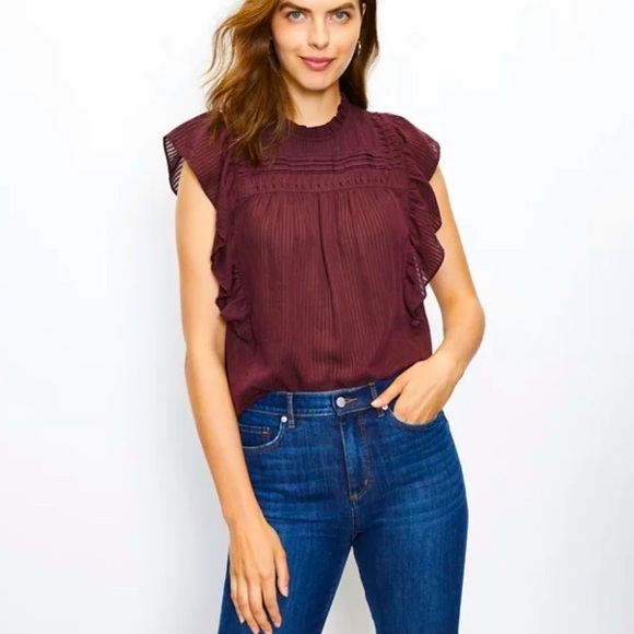 LOFT | Tops | Nwot Loft Petite Pintucked Ruffle Shell Red Raisin | Poshmark